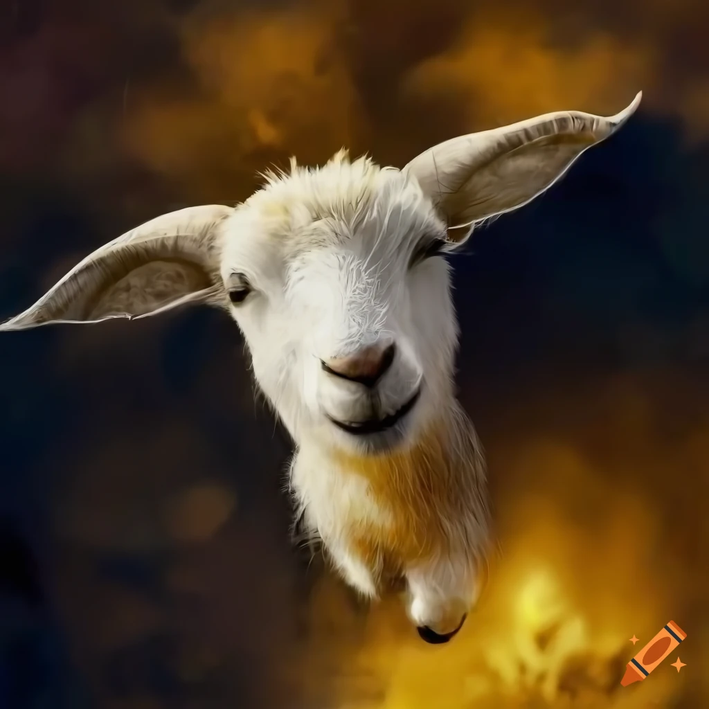 Fluffy goat with cape floating over blue mountains on gold leaf ...