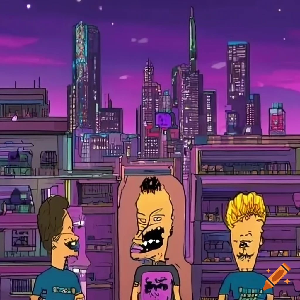 Animated characters in a cyberpunk-style cityscape in a cheerful night ...