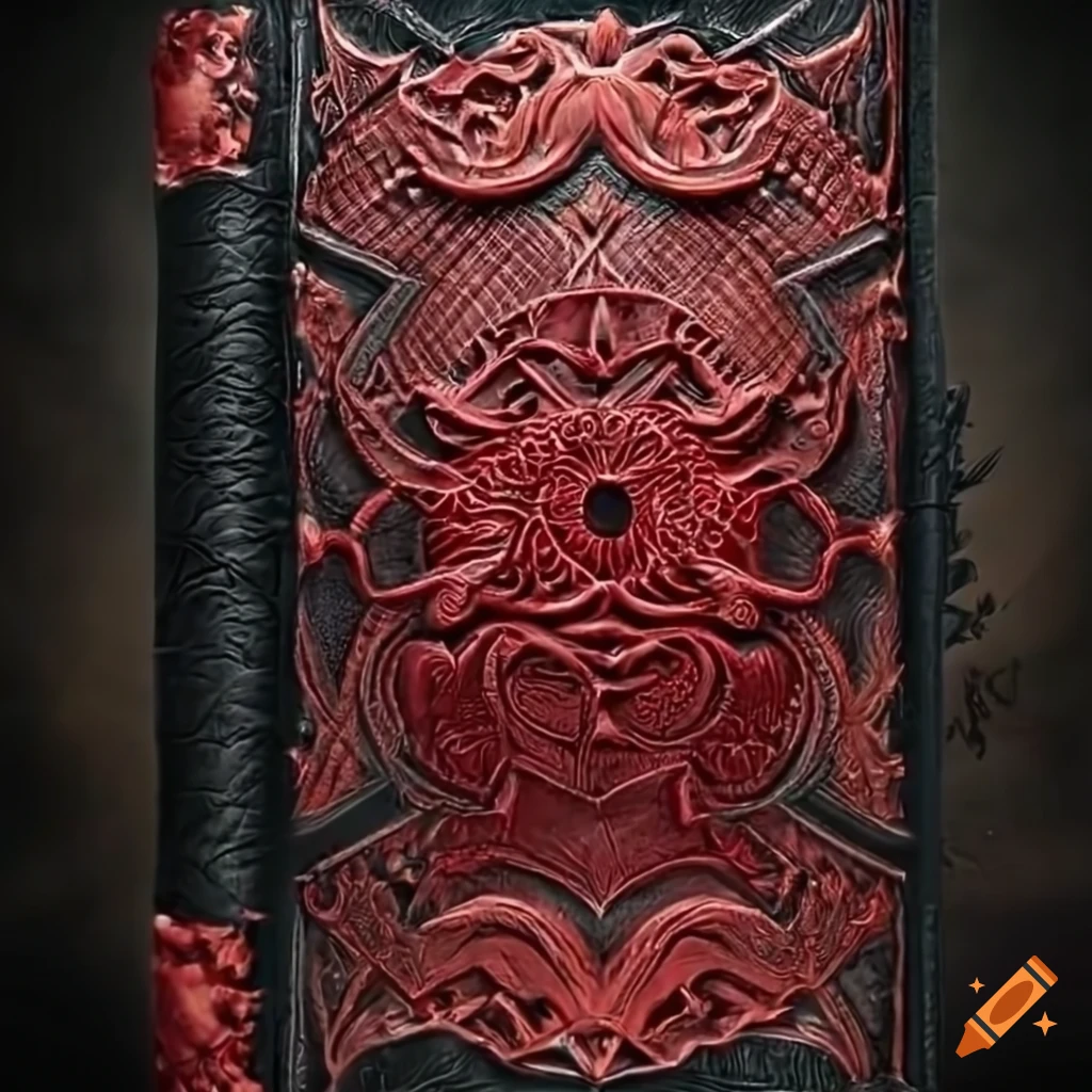 Fantasy book bound in deep red and black embossed leather on Craiyon
