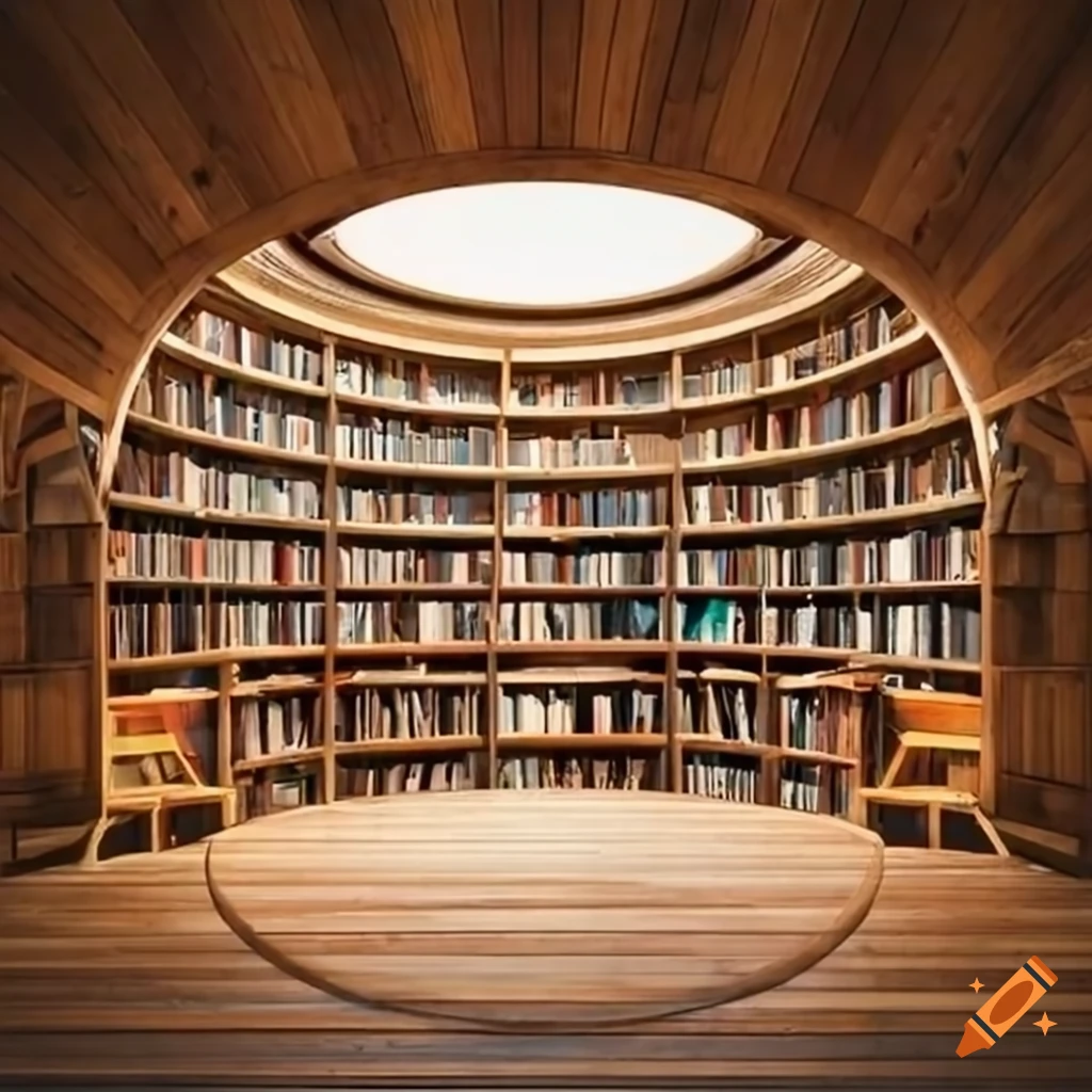 Circular wooden library overlooking a wooded area on Craiyon