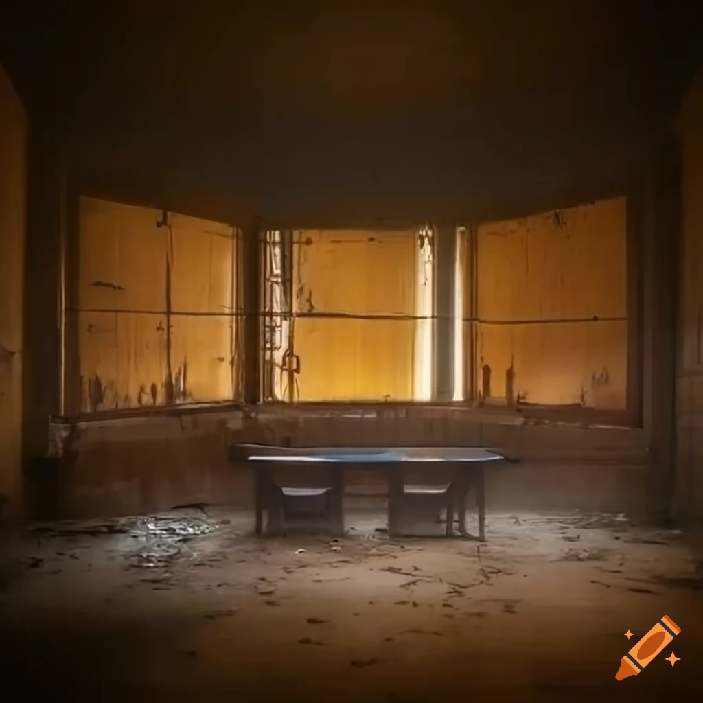 Abandoned conference room in amber fog with long horizontal industrial ...