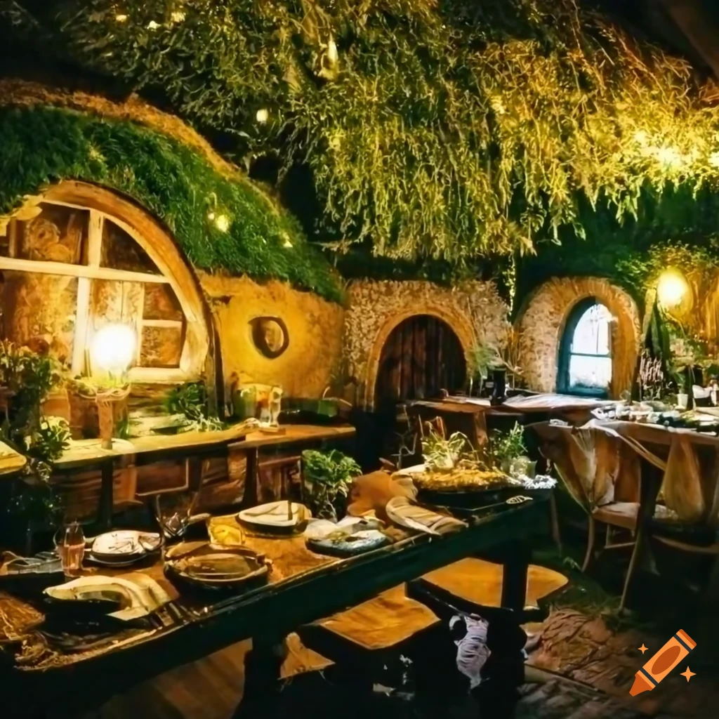 Interior of a mossy hobbit restaurant with flowers and fireflies, light ...
