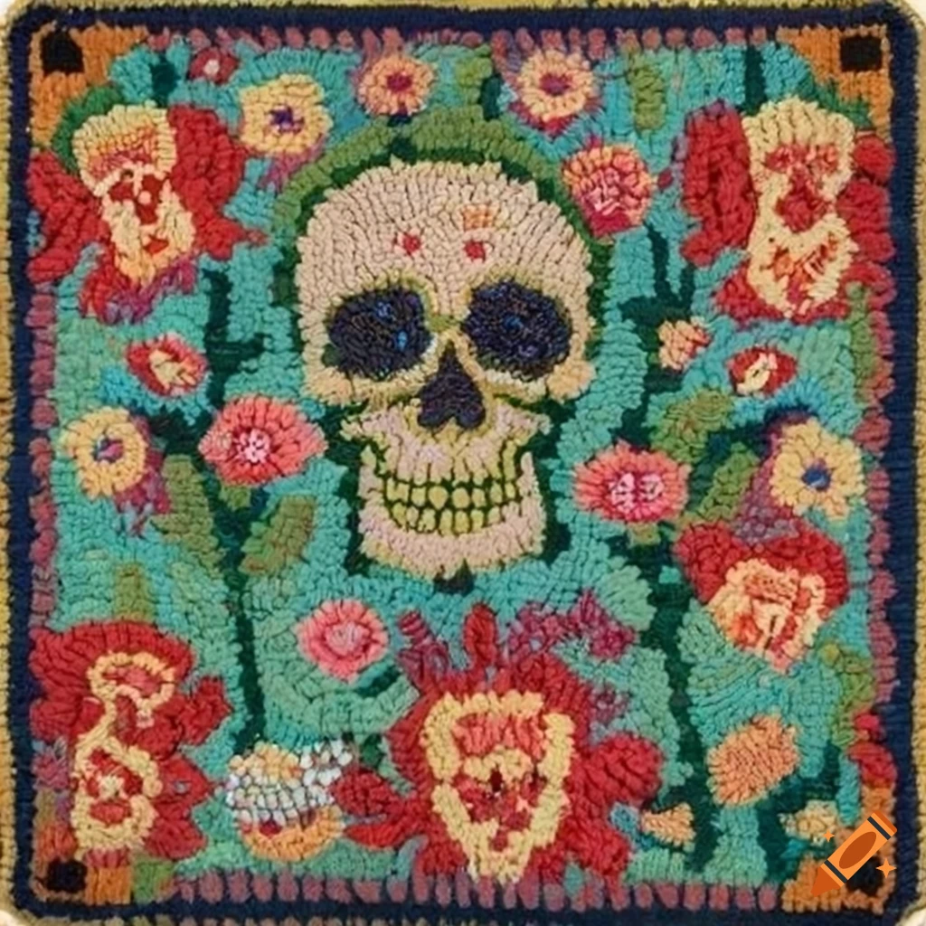 Skull flower garden in wool hooked rug style on Craiyon