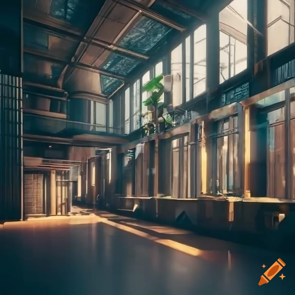 Modern transit hub with industrial style architecture and exotic plants ...