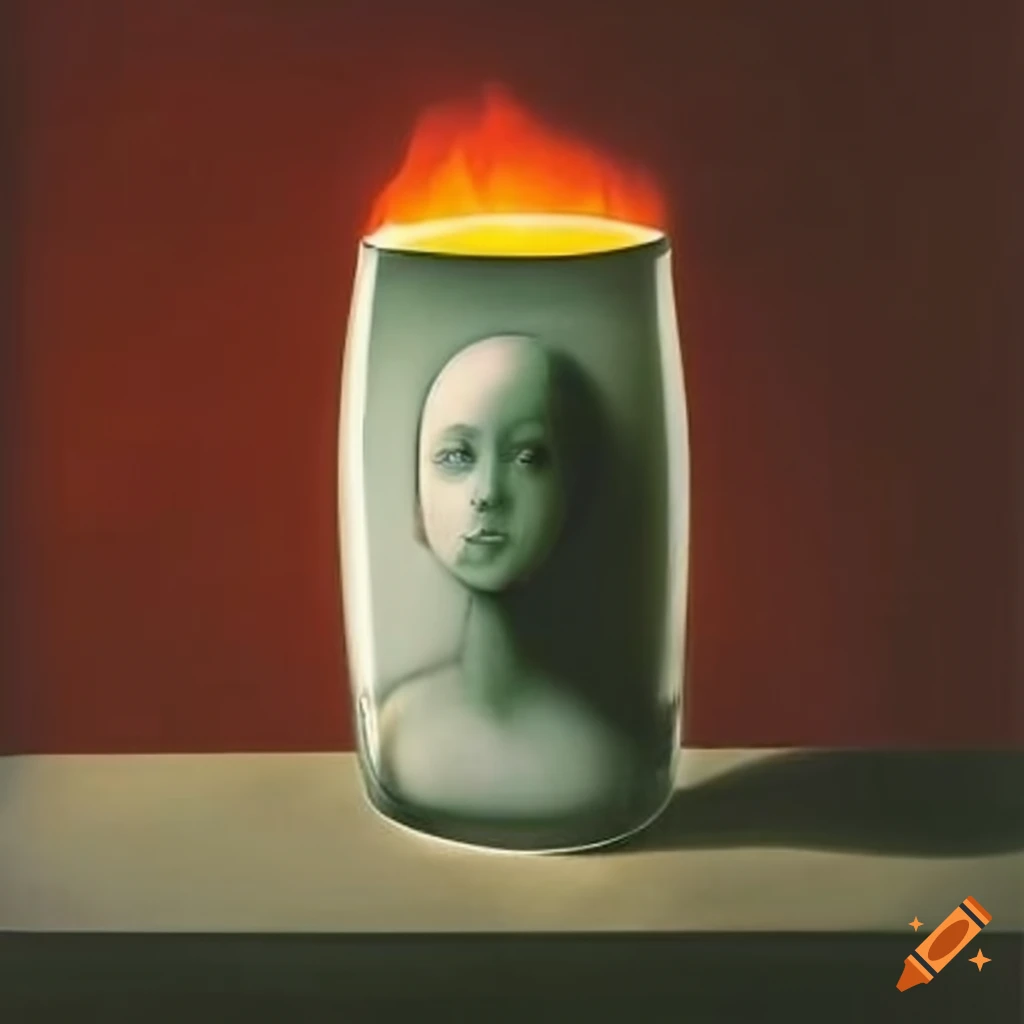 Fire in transparent glass by rene magritte on Craiyon