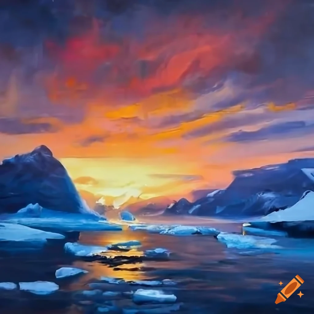 Romantic embrace as the sun rises over the antarctic landscape on Craiyon