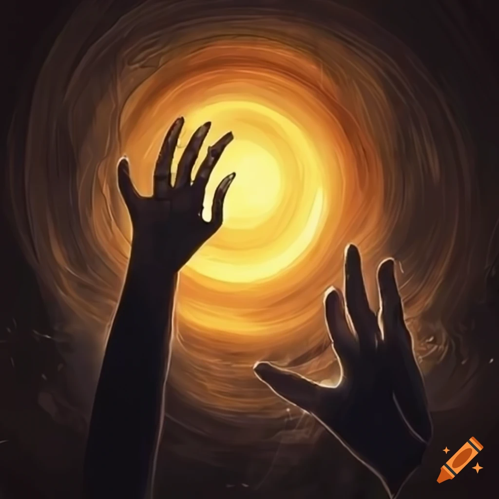 Hand reaching into pitch black abyss on Craiyon