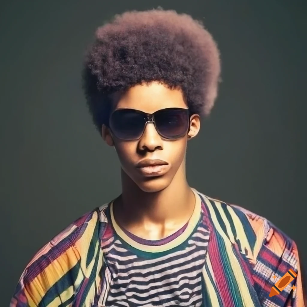 Young male with afro hair and sunglasses in a retro outfit on Craiyon