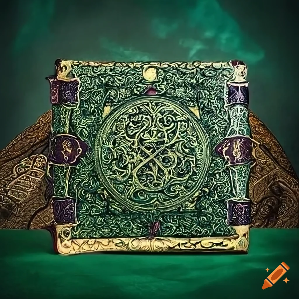 Green leather tome with magical symbols and fictional creatures ...