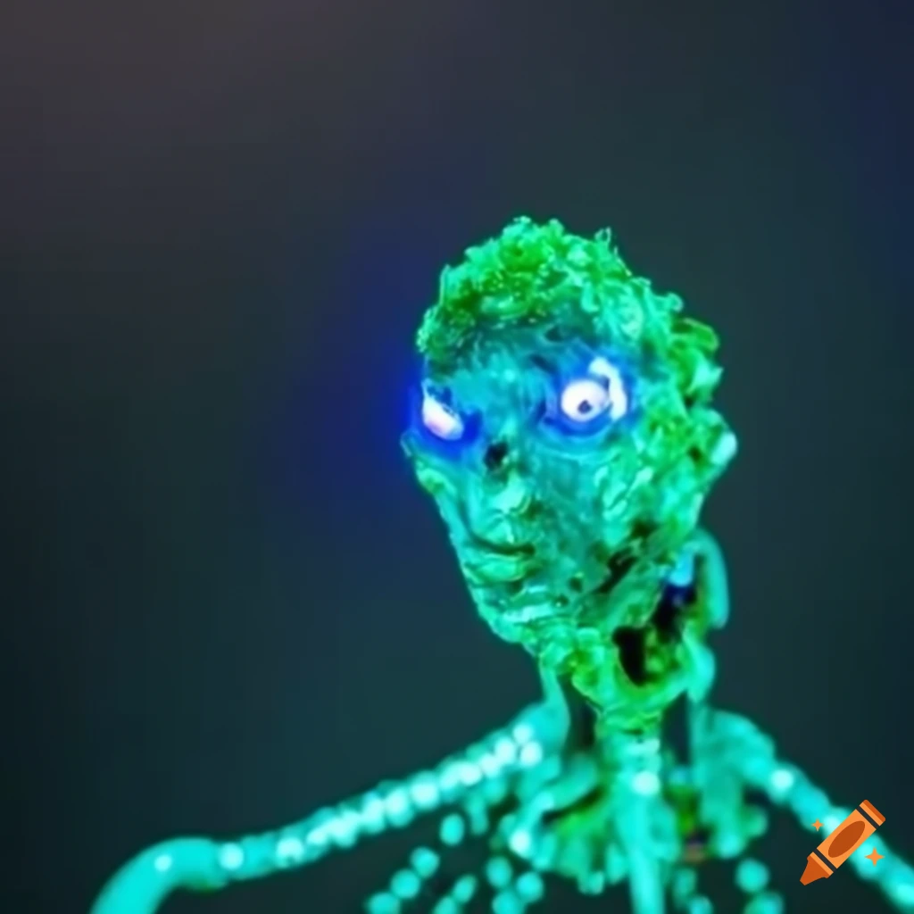 High-tech biopunk cyborg covered in glowing moss in futuristic ...