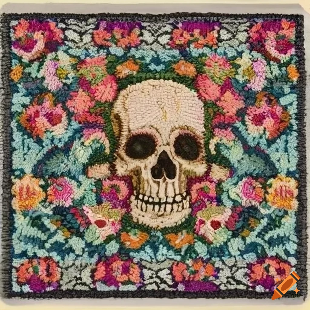 Skull flower garden in wool hooked rug style on Craiyon