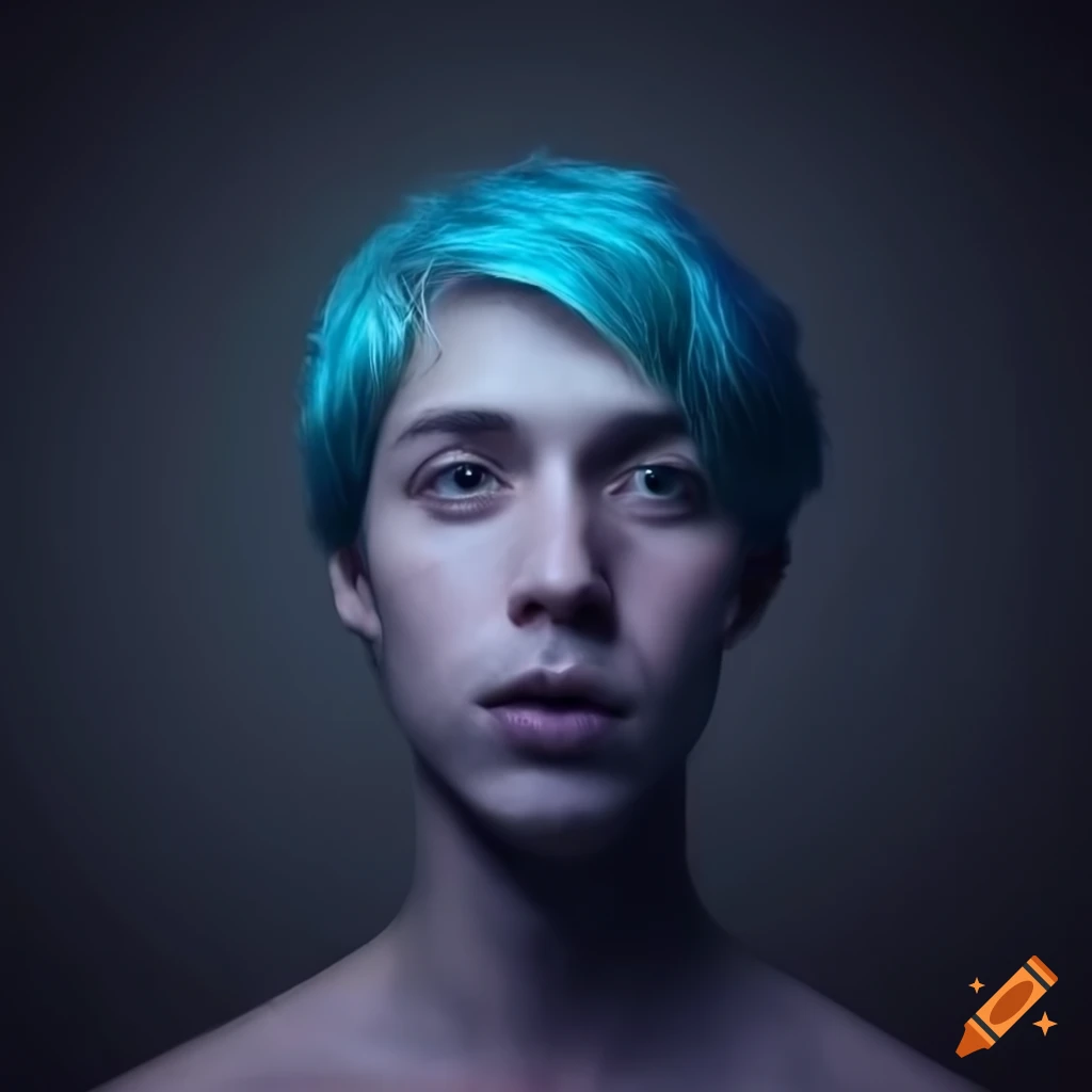 Blue-haired guy in a dark room on Craiyon