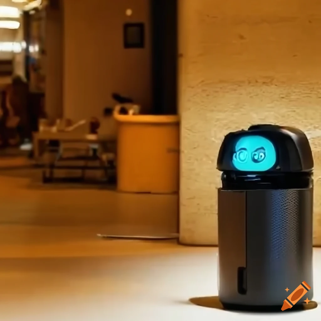 Robot bin with smiley face screen in a food court on Craiyon