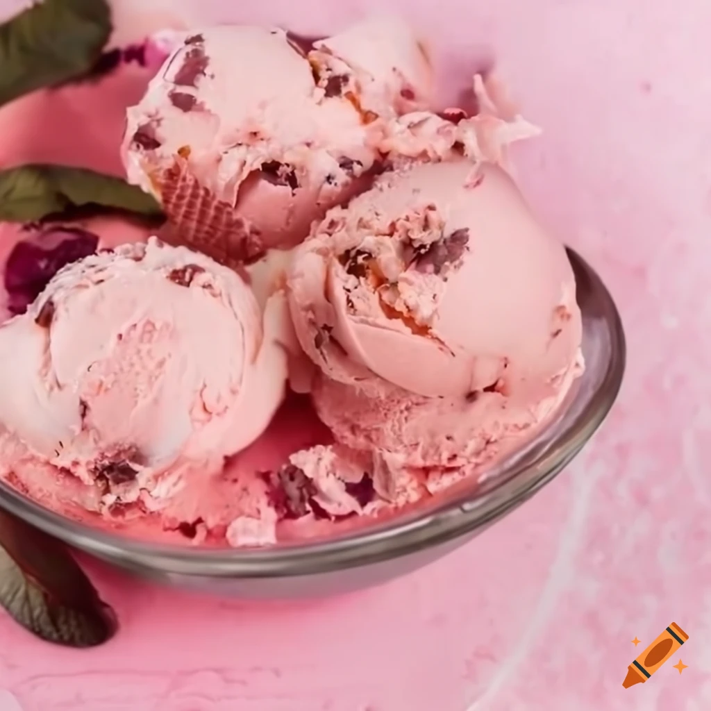 Pink ice cream with rose petals and coconut flakes sauce on Craiyon