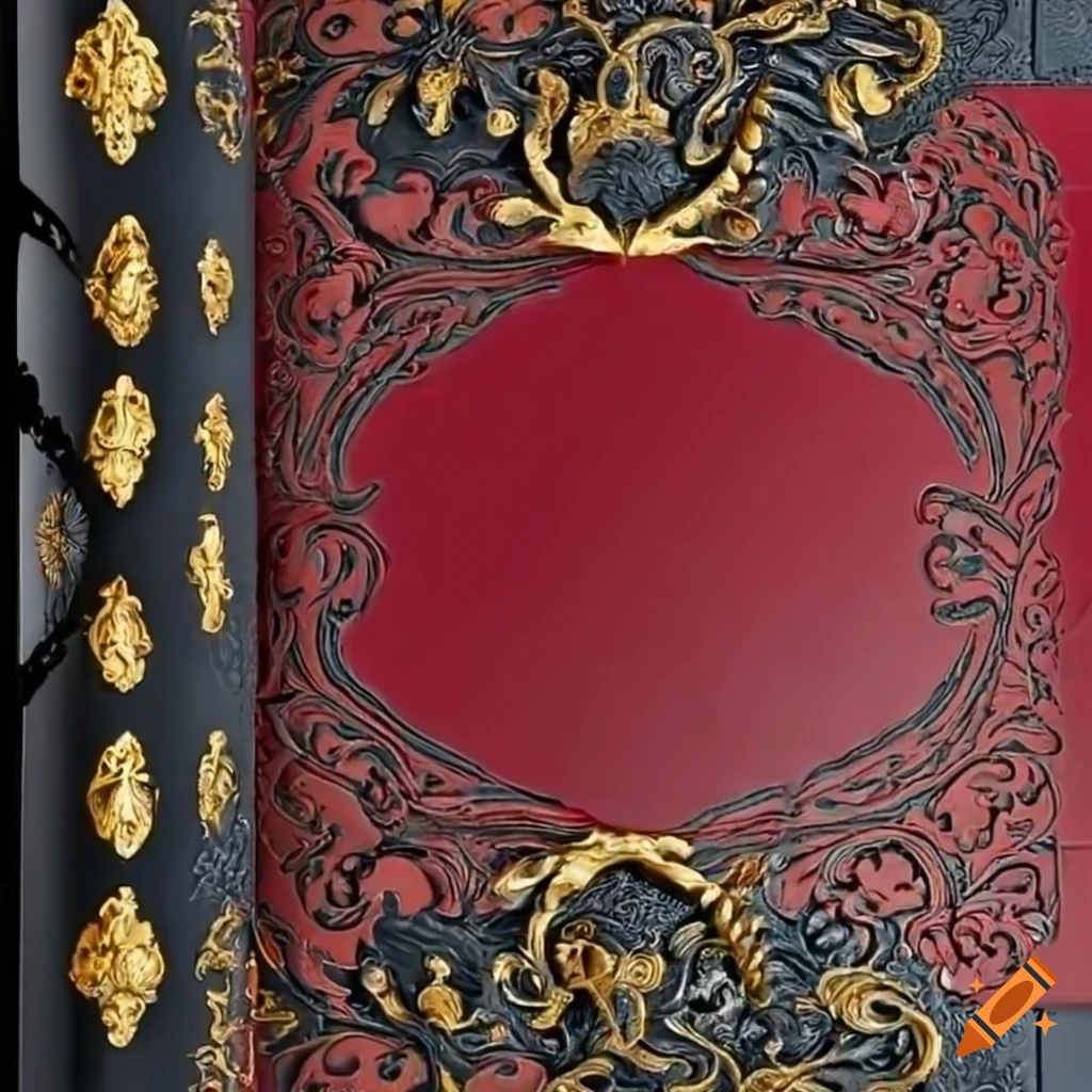 Intricately embossed red and black leather book with golden filigree on ...