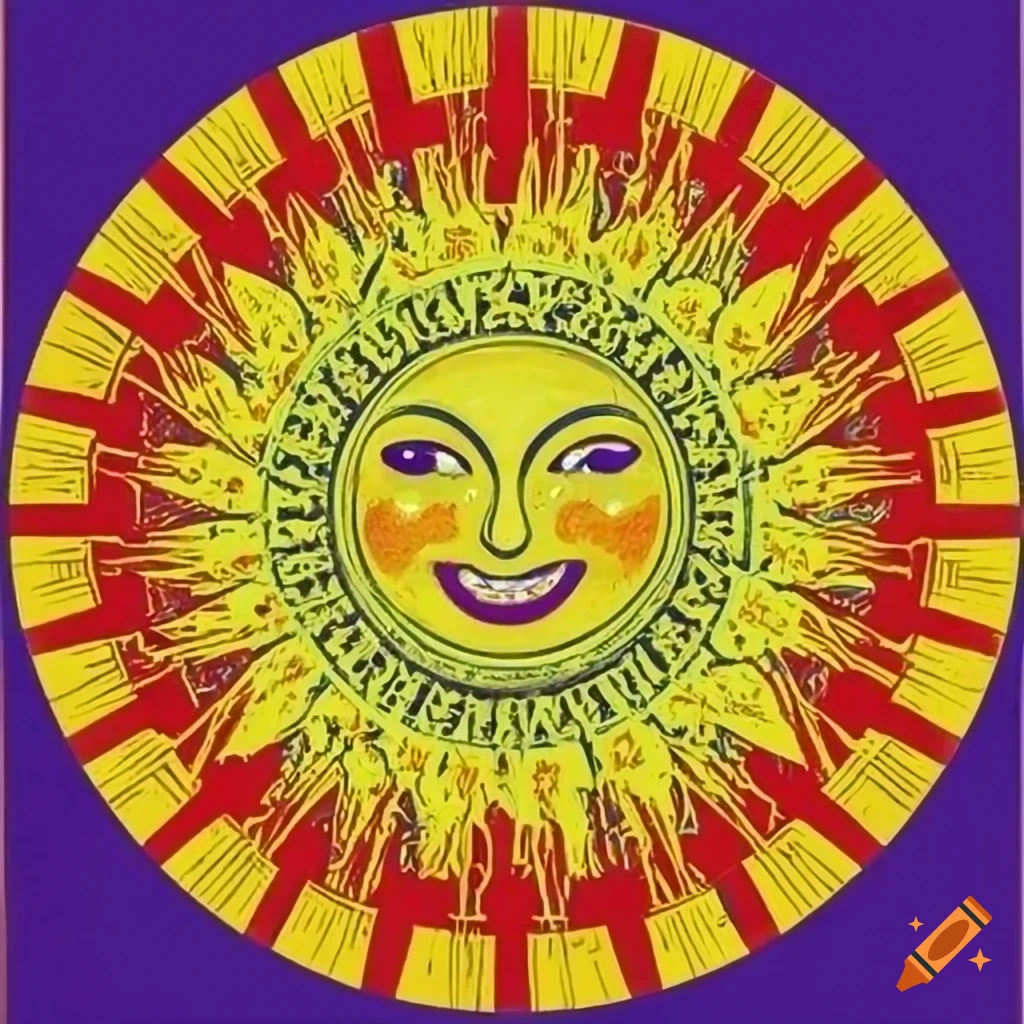 Smiling sun with colorful rays in classical art deco engraving on Craiyon