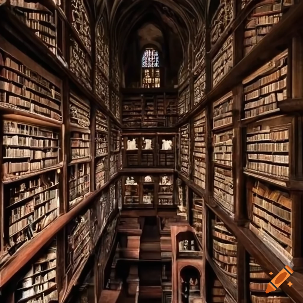 Medieval library with ancient tomes and spellbinding architecture on ...