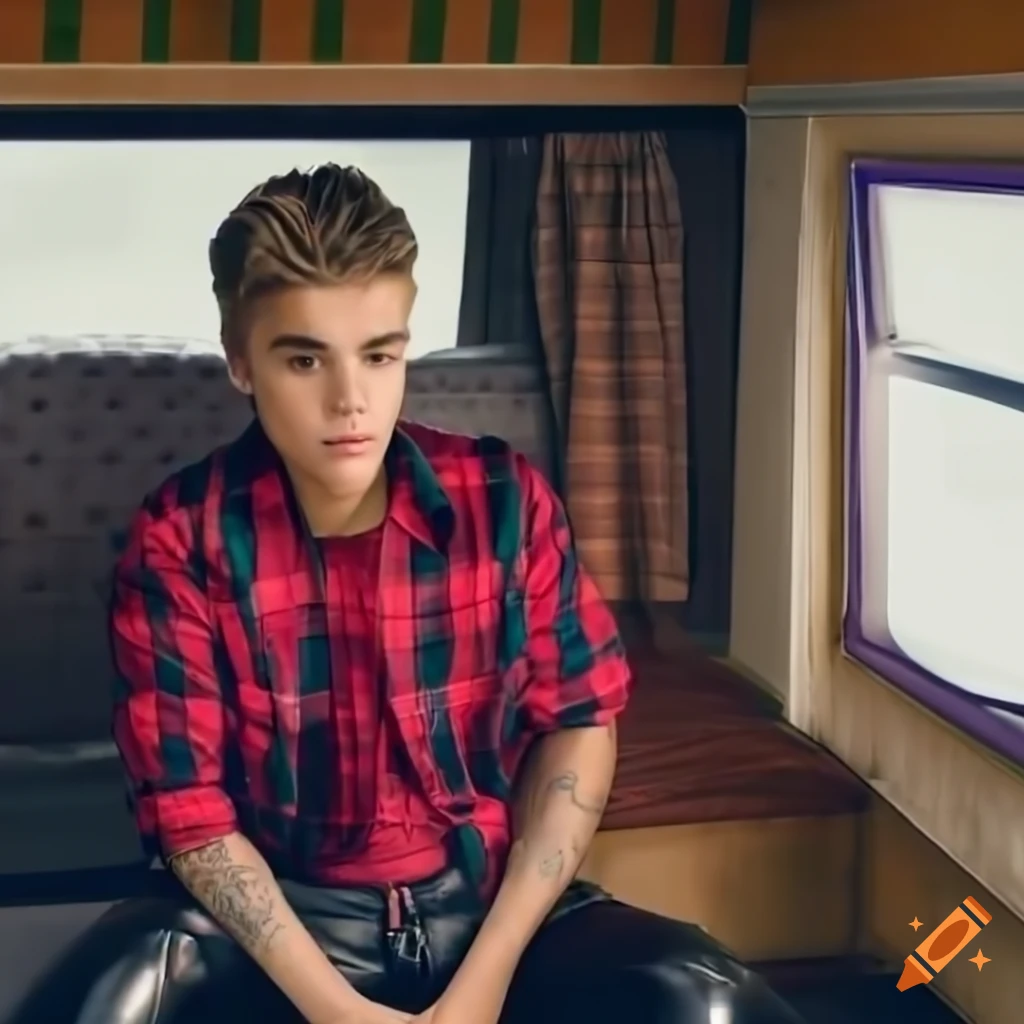 Close-up of a person in a red plaid shirt and high-waist black leather trousers sitting in a ...