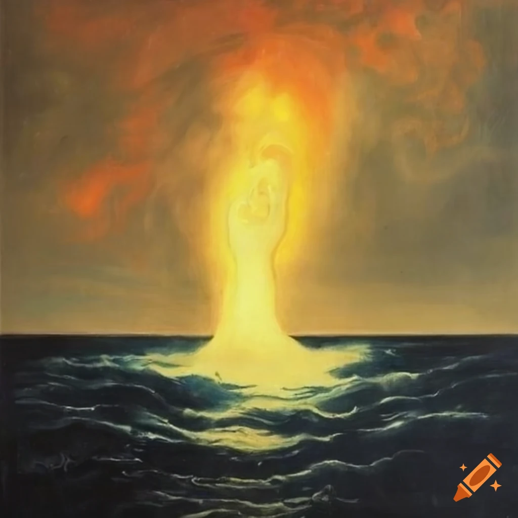 Artistic depiction of fire in the sea by rene magritte on Craiyon