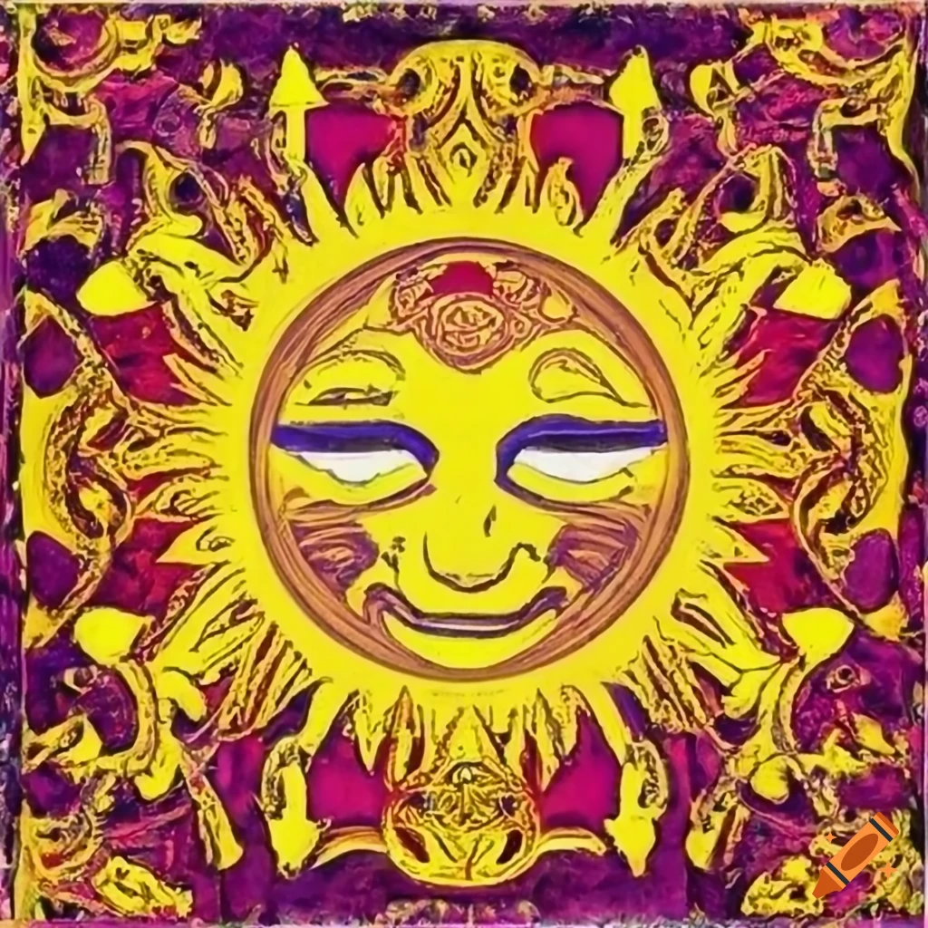 Colorful pagan album cover featuring a central smiling sun on Craiyon