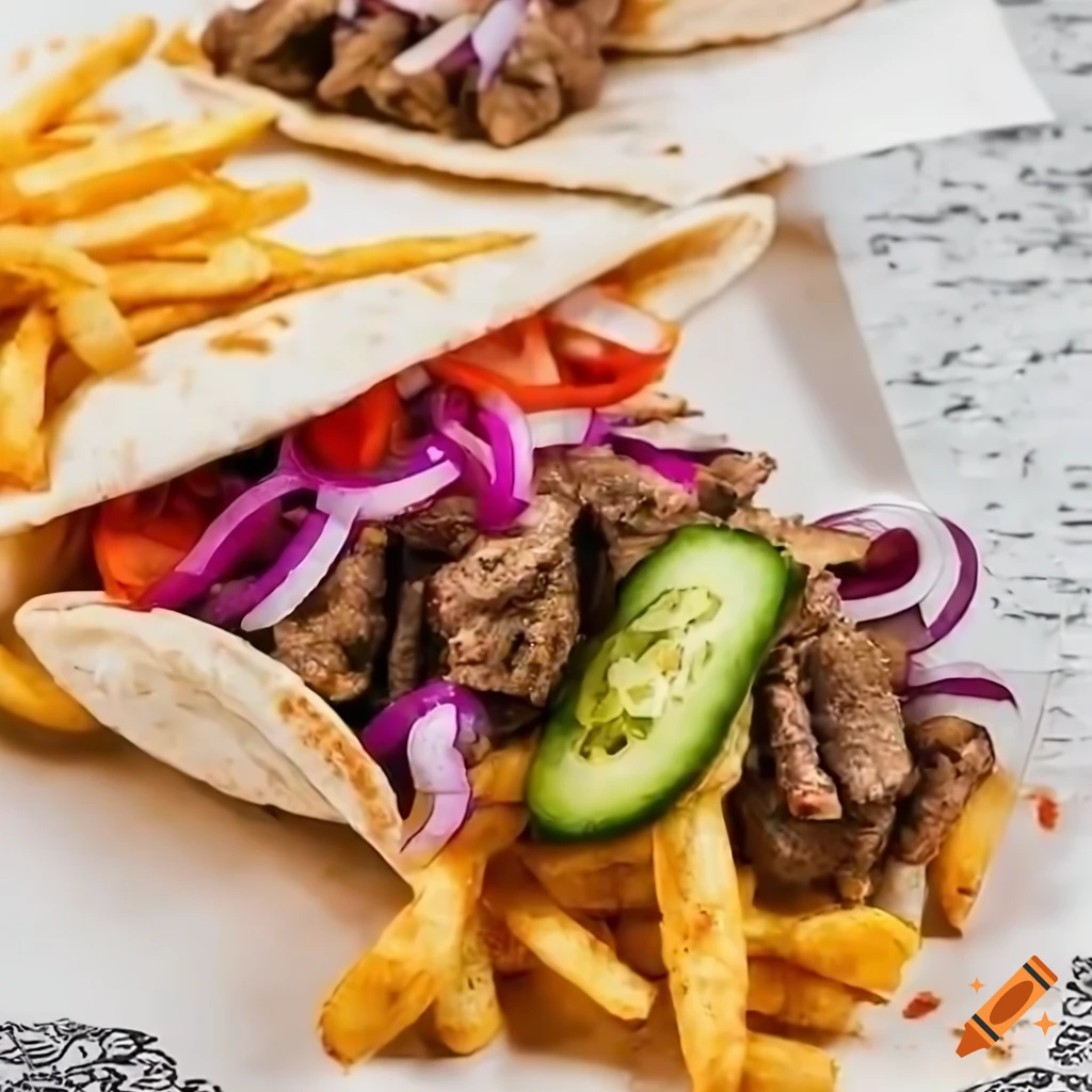 Delicious doner kebab with shawarma beef, cucumbers, tomatoes, and ...