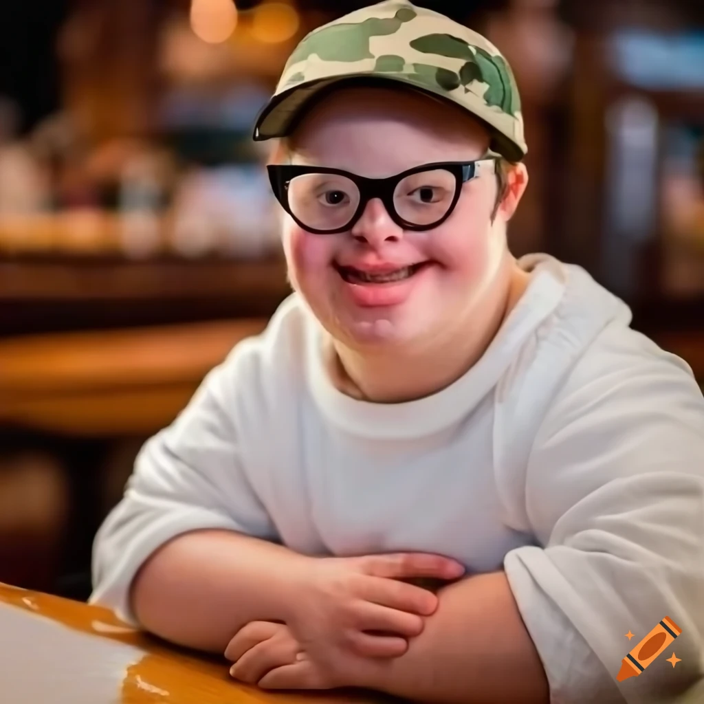 Smiling man with Down's Syndrome wearing spectacles and a baseball cap ...