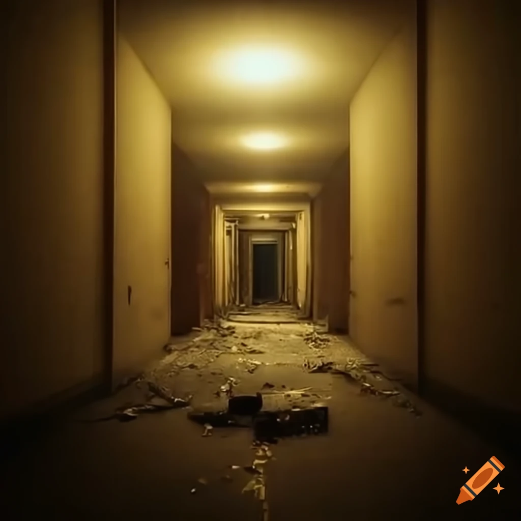 Endlessly long abandoned liminal office in golden fog on Craiyon