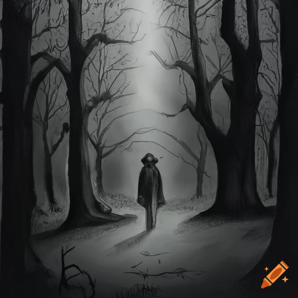 Pencil drawing of a dark and mysterious winter forest on Craiyon