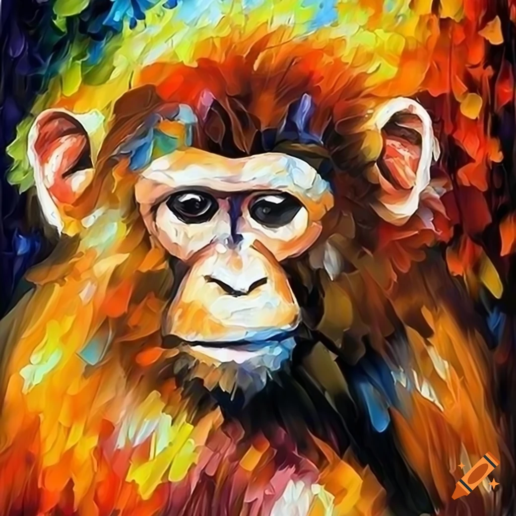 Happy monkey in the painting style of leonid afremov on Craiyon