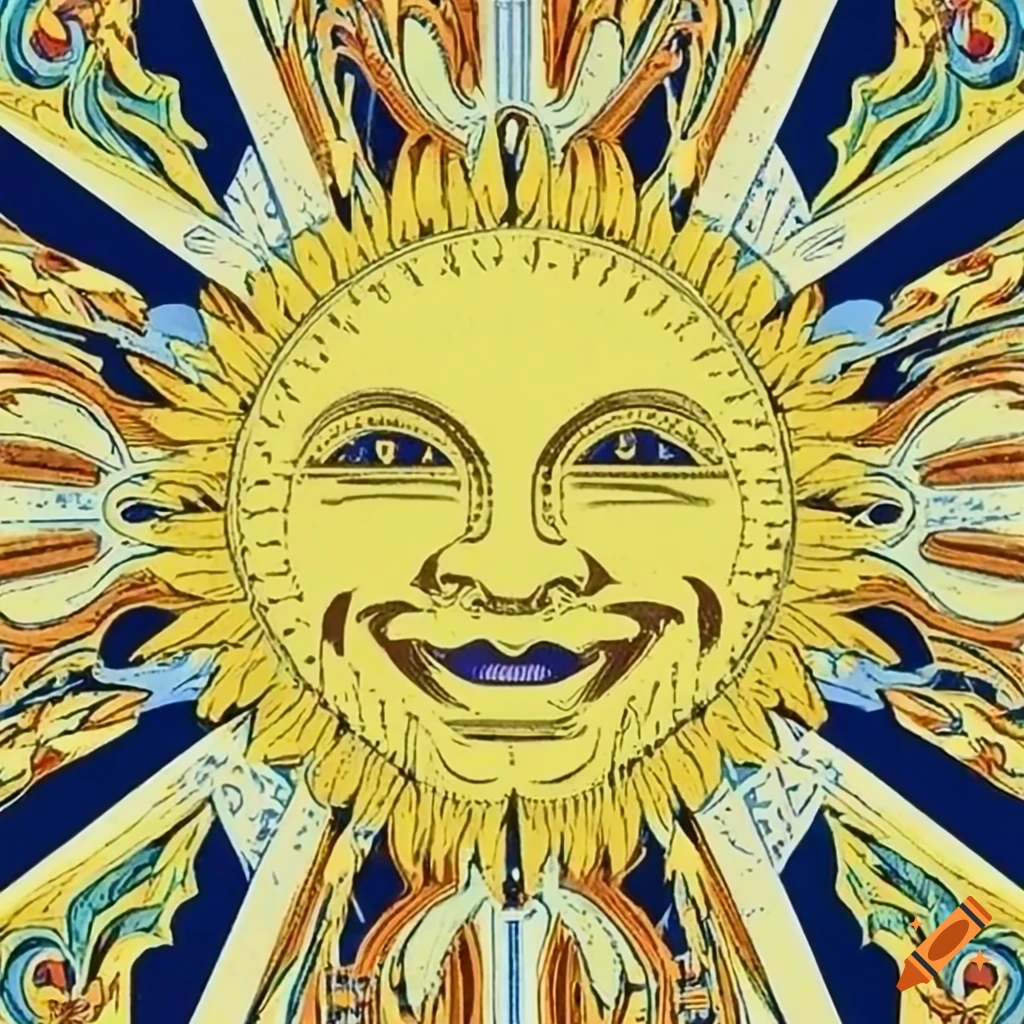 Smiling sun with colorful art deco engraving on Craiyon