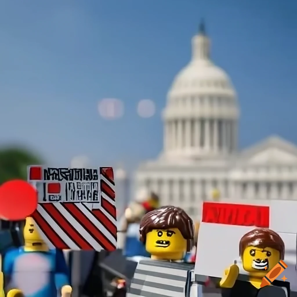 Lego people protesting with blank signs in washington d.c on Craiyon
