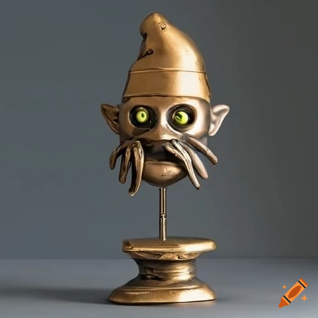 Bronze robotic gnome head on a pedestal on Craiyon