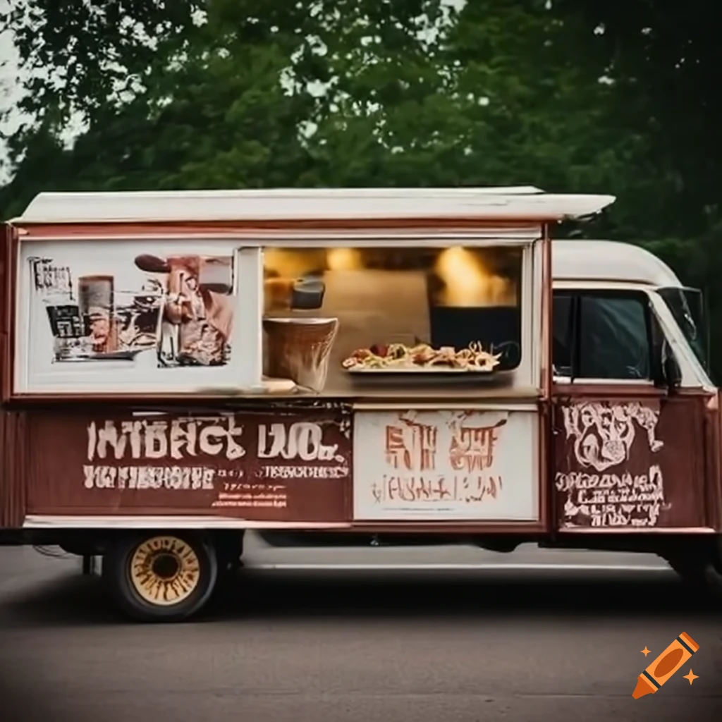 Food truck with traditional French dishes in a scenic French landscape ...