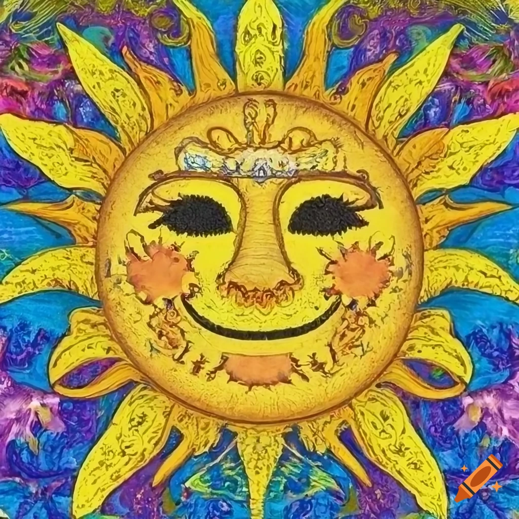 Album cover with smiling sun in colorful pagan style on Craiyon