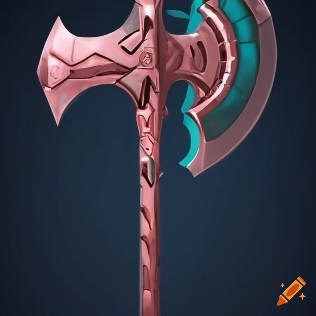 Rose-gold and aqua futuristic battle axe on Craiyon