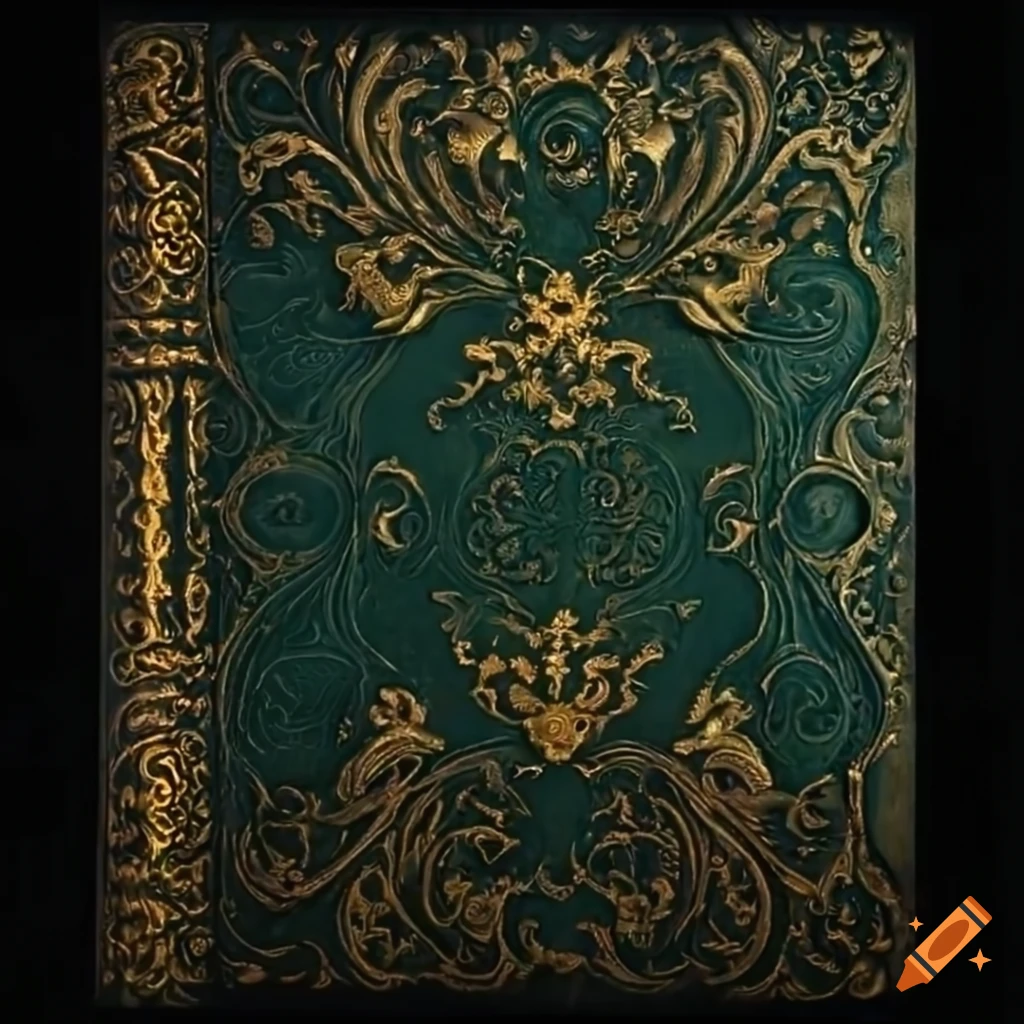 Intricately embossed deep green and black leather book with golden ...