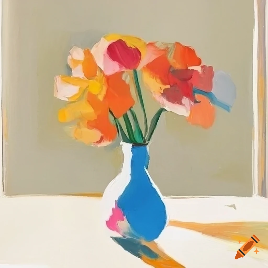 Minimal acrylic painting of vase of flowers in front of window with ...