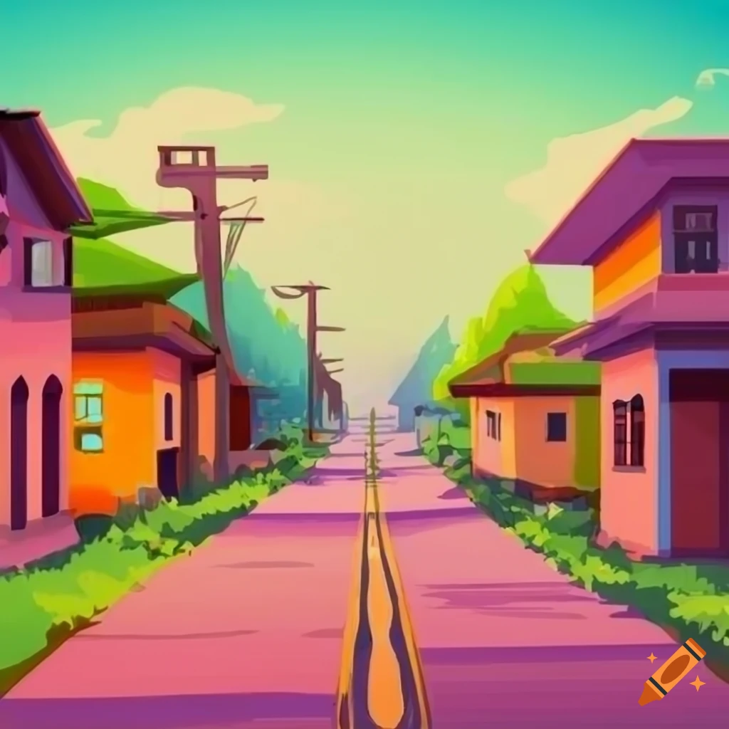 Colorful cartoon rendering of an indian village rural road with houses ...
