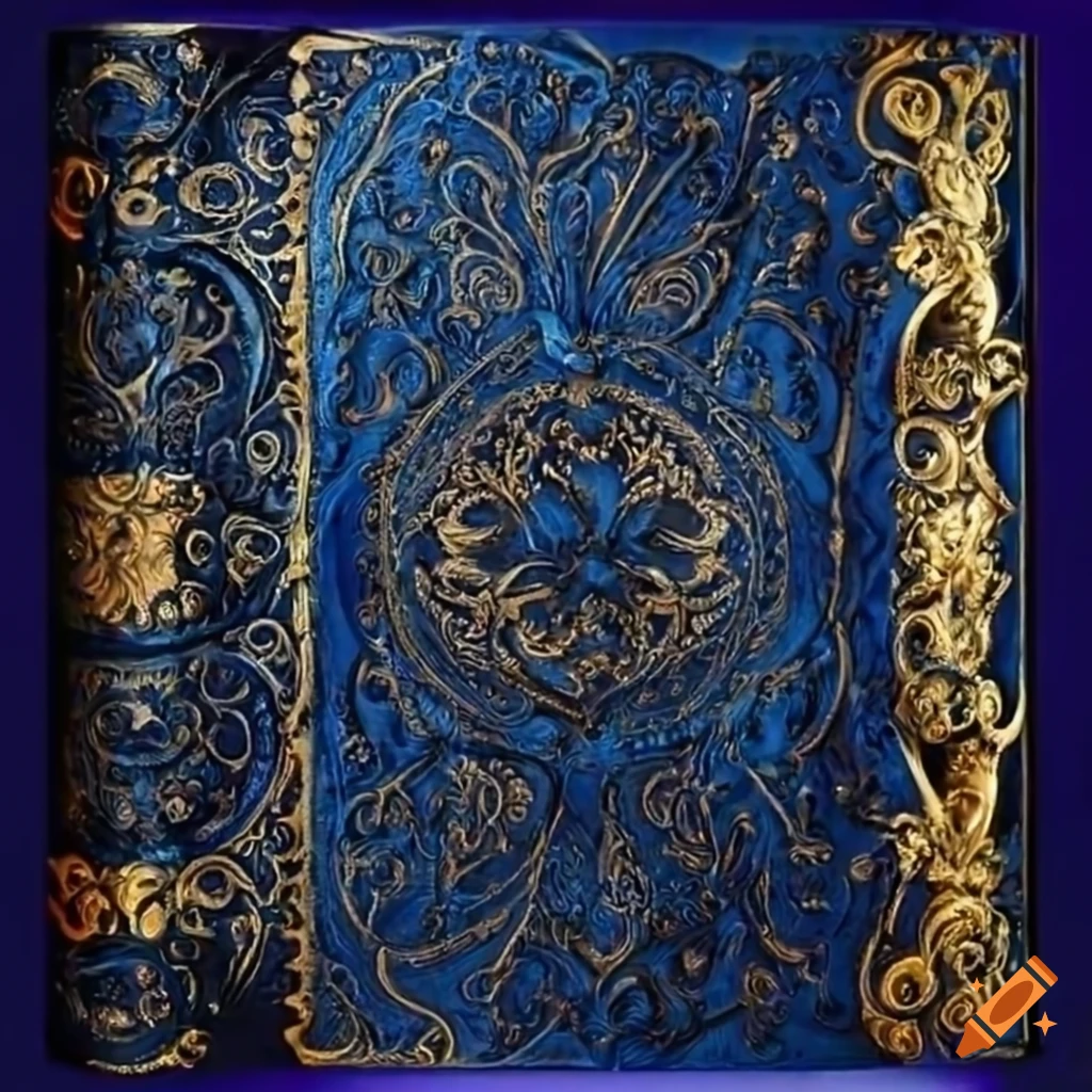 Intricately embossed dark blue and black leather book with golden ...