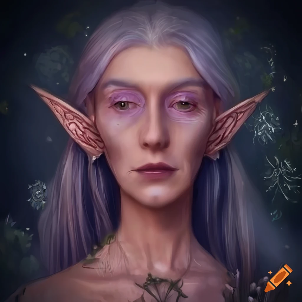 Elderly elven portrait in magical glade with twilight sky on Craiyon