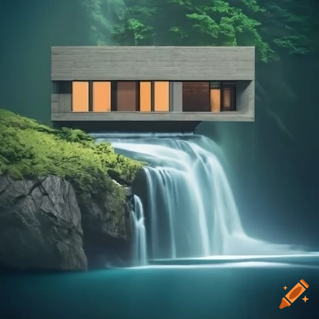 Contemporary modern house built over a river waterfall surrounded by ...
