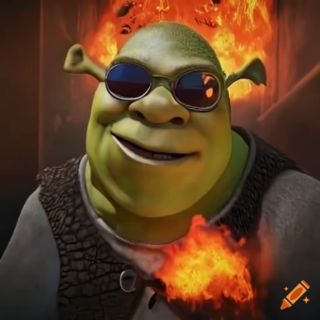 Shrek wearing aviator sunglasses with an explosion and destroyed ...