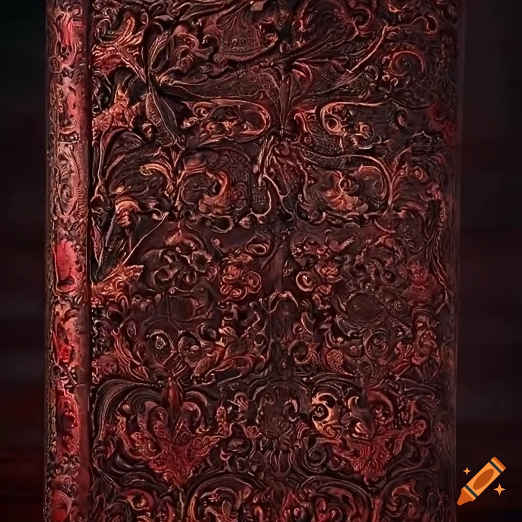Intricately embossed deep red and black leather book with golden ...