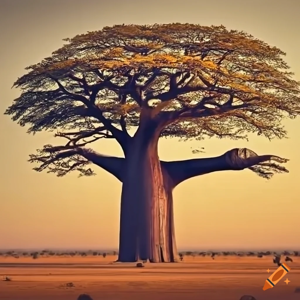 Grand Baobab tree with the Senegal flag waving in the African savanna ...