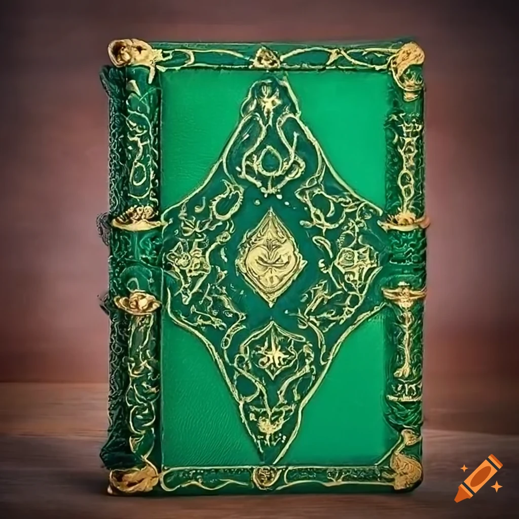 Beautifully decorated green magical leather tome with fictional ...