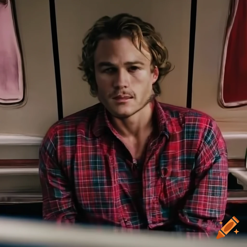 Young man in red plaid shirt and black leather trousers looking through window in a caravan ...