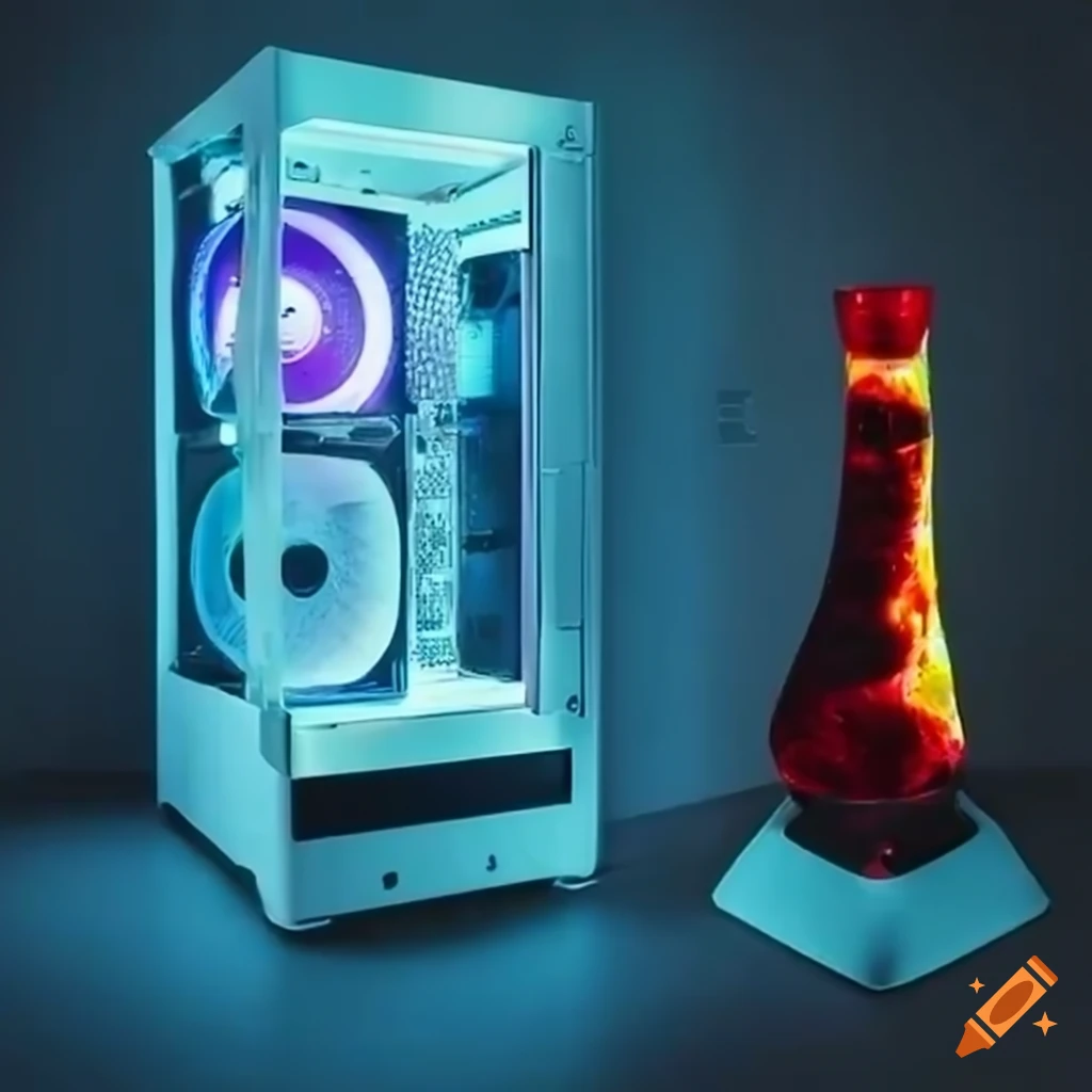 White tower gaming pc with a lava lamp inside on Craiyon