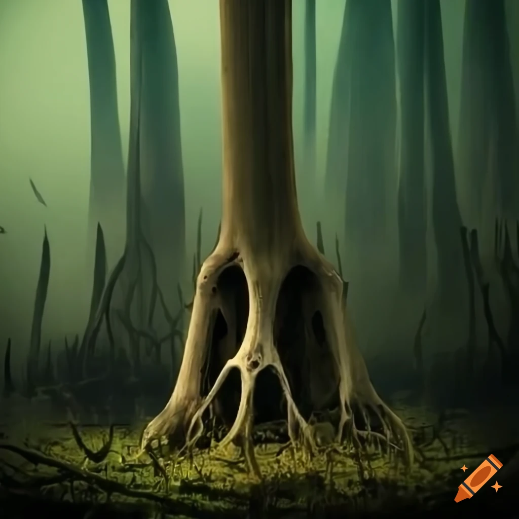 Bone tree in a swamp with smog on Craiyon