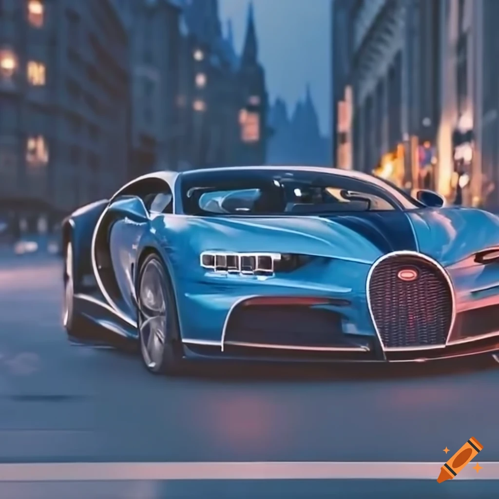 Blue bugatti chiron driving through city traffic at evening on Craiyon