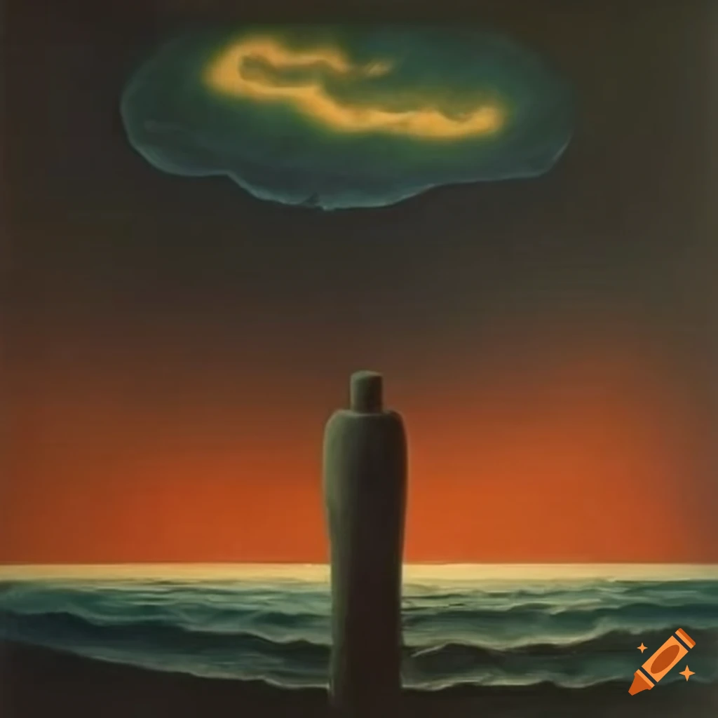 Artistic depiction of fire in the sea by rene magritte on Craiyon
